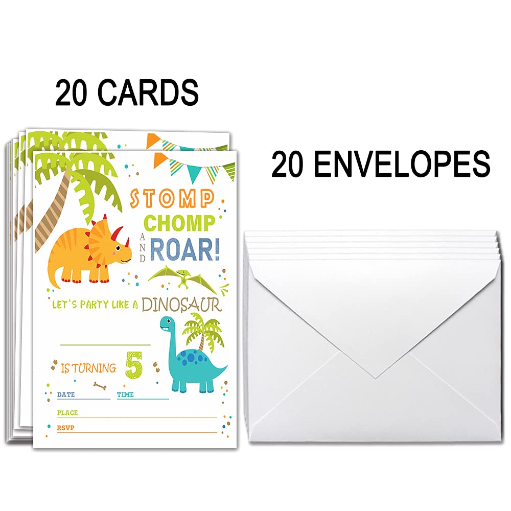 ukebobo 5th Birthday Party Invitations with Envelopes – Dinosaur Birthday Party Invitations, Dinosaur Party Decorations– 20 Cards With Envelopes(sjl-05)