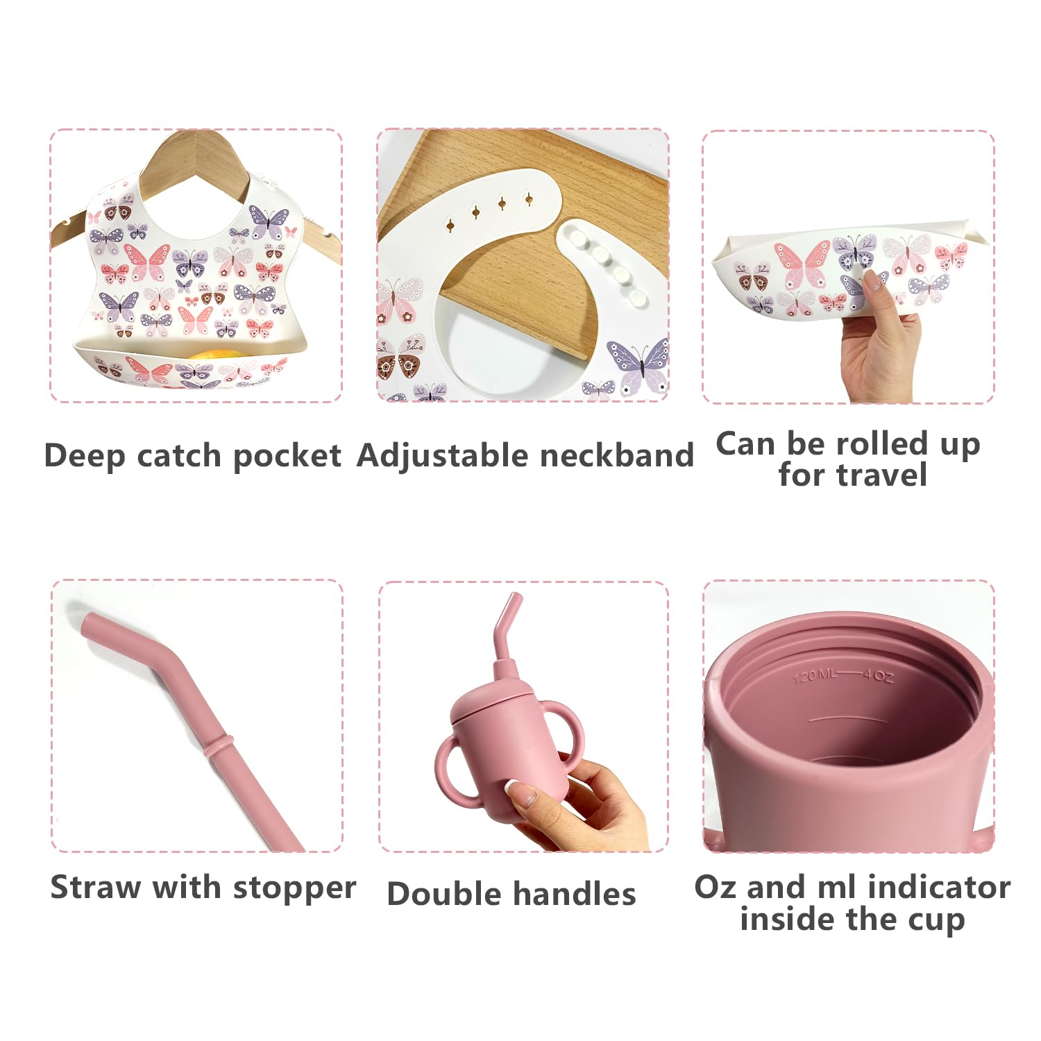 Light Mauve - Butterflies, Silicone Feeding Set | 8 Pcs Baby Led Weaning Supplies, Including Bib, Bowl, Plate, Training Cup, 1 Silicone Spoon & Fork Set, and 1 Stainless Steel Spoon & Fork Set