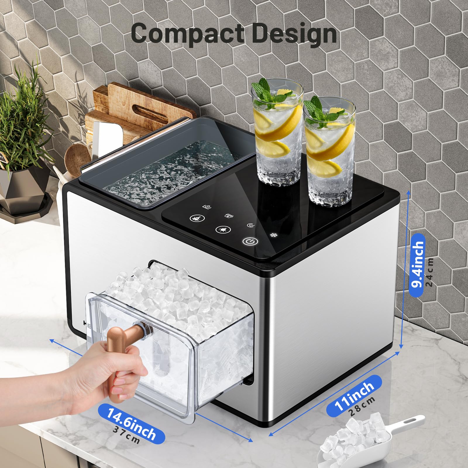 Nugget Ice Maker Countertop, 40lbs/24H, Pebble Ice Maker with Soft Chewable Ice, Self Cleaning Sonic Ice Machine, Stainless Steel w/Touch Screen, Compact Design for Home Office Bar Party-Silver