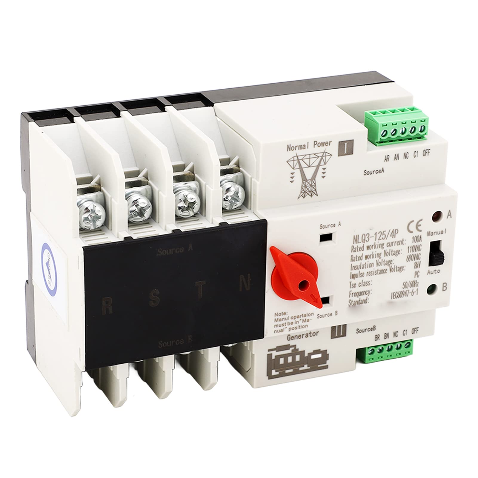 Dual Power Automatic Transfer Switch, NLQ3 125 4P 100A 110V Mini ATS Electrical Selector Switches Din Rail Mounted Dual Power Switch Generator Changeover Switch for Emergency Power