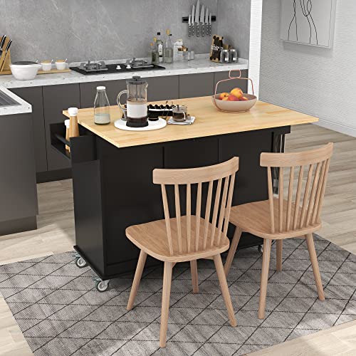 MACHOME Rolling Mobile Kitchen Island Cart with Storage on Locking Wheels, Kitchen Cart w/Solid Wood Top and Breakfast Bar, Kitchen Storage Cabinet w/ 3 Drawers, 52.76" L x 29.50" W x 36.8" H,-Black