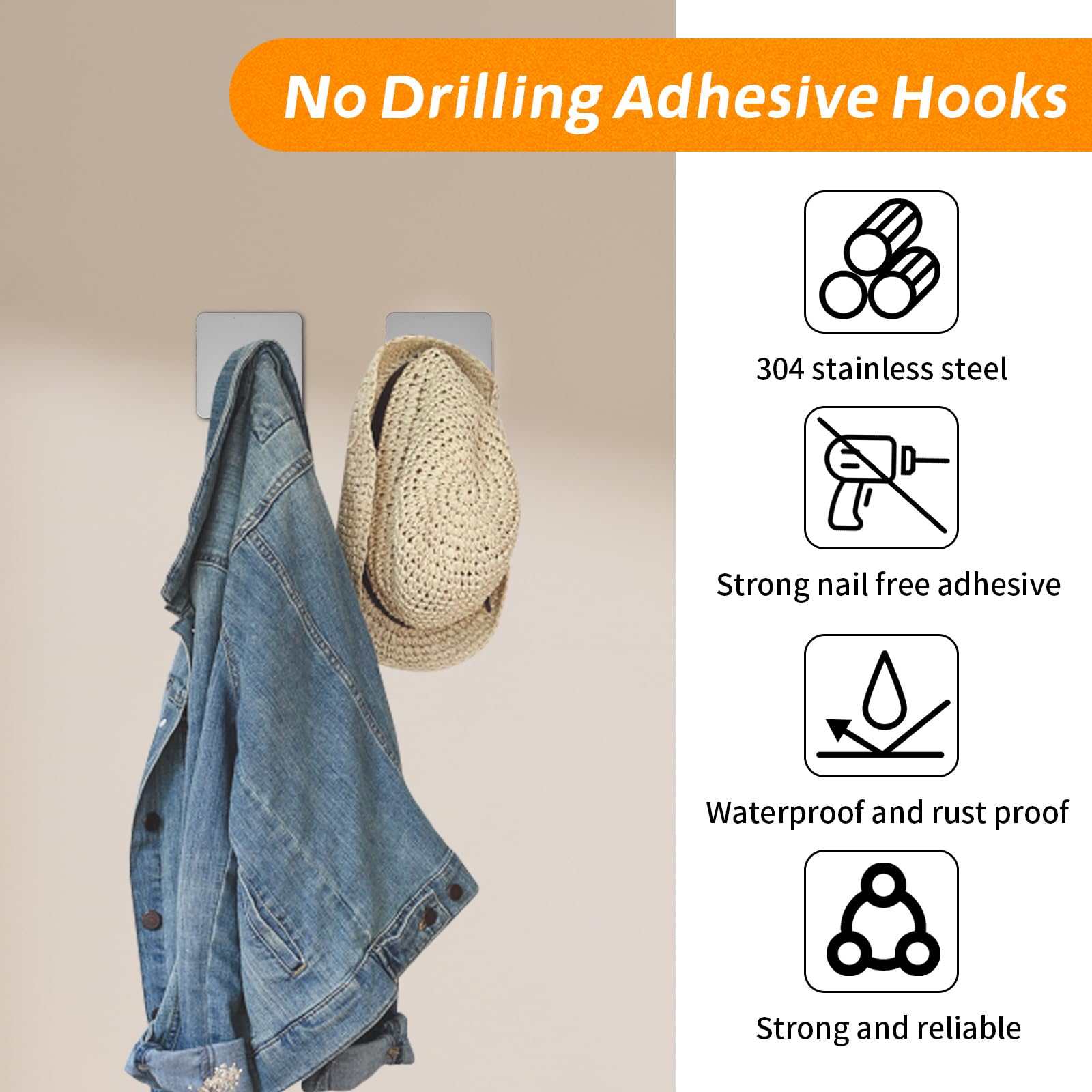 Nukeekee Towel Hook,Towel Rack Wall Mounted with 3M Self Adhesive Hooks, Heavy Duty 304 Stainless Steel Sticky Hooks, for Kitchen Garage Bathroom Accessories,No Drilling (4 Pack) (Silver)