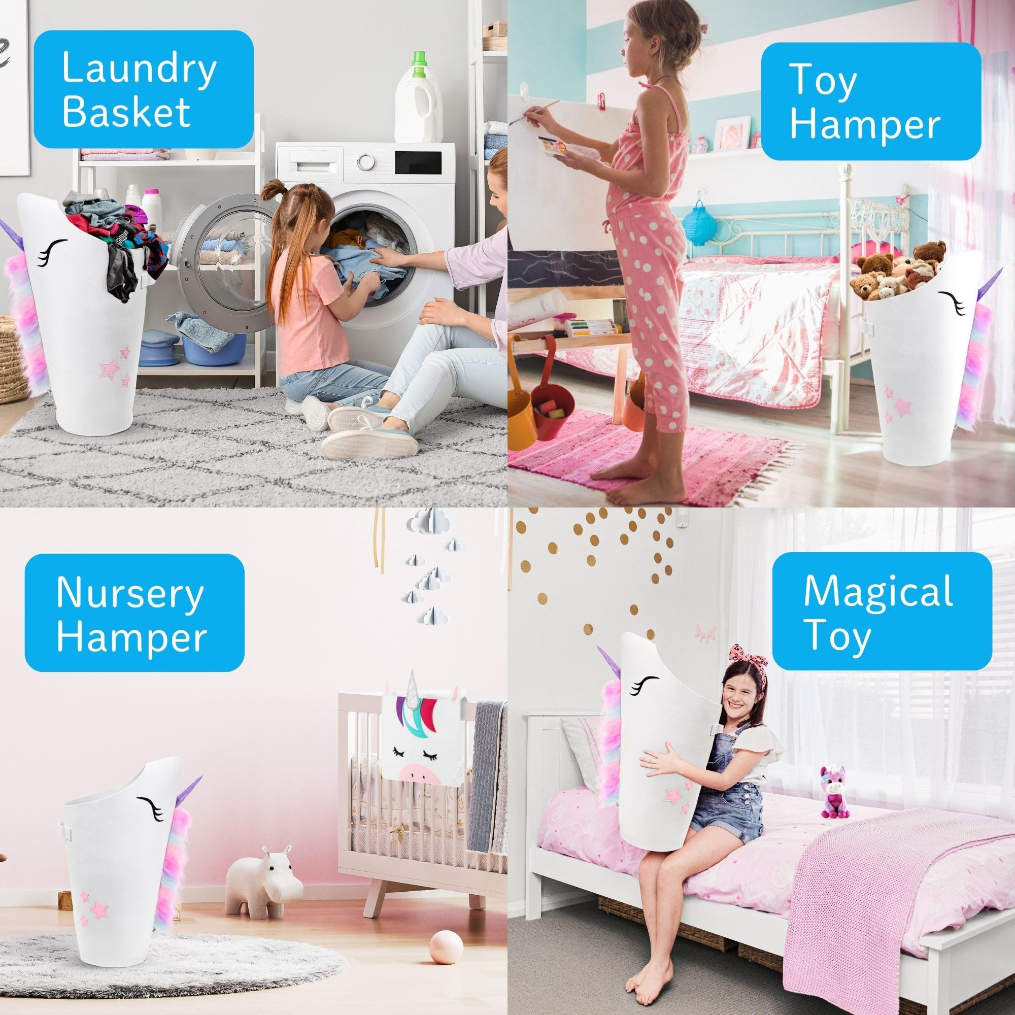 PIKL Unicorn Hamper Bedside Caddy set Patented design Quality Girls Laundry Hamper with Carry Handle and hanging storage organizer bed pocket unicorn decor Ideal gift for girls kids laundry basket