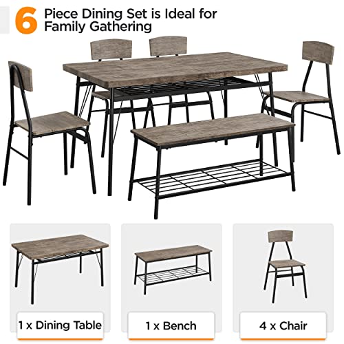 Yaheetech Dining Table Set for 6 Kitchen Table Set with Chairs and Bench 6 Piece Dining Set with 2 Storage Racks, Protective Foot Pads for Dining Room, Kitchen and Apartment, Drift Brown