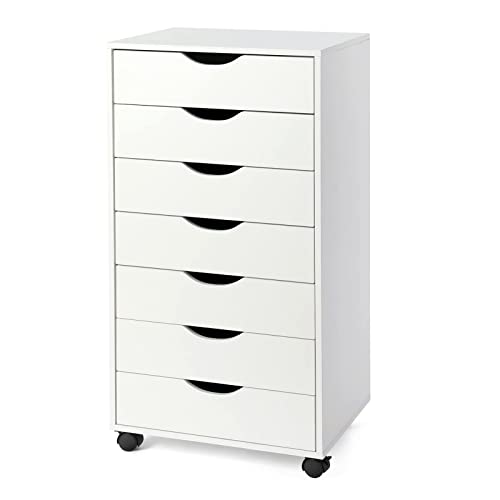 TUSY 7-Drawer Chest, Storage Dresser Cabinet with Wheels, Tall Chest of Drawers for Closet and Bedroom (White, 7 Drawer)