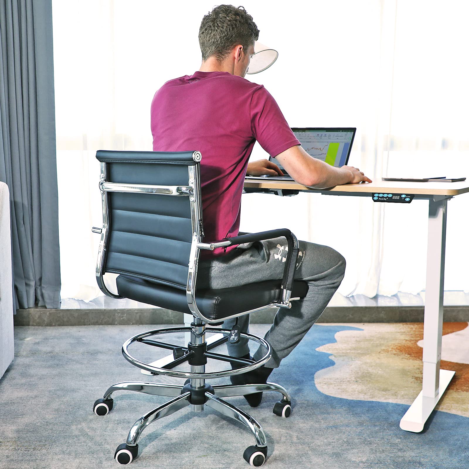 Drafting Chair Stool Office 400lbs Footrest Leather – Tall Arms Counter Adjustable Mid-Back Tilt-Tension Control Rocker Lumbar Support Swivel Rolling for Standing Desk 45"(Black, Ribbed Leather)