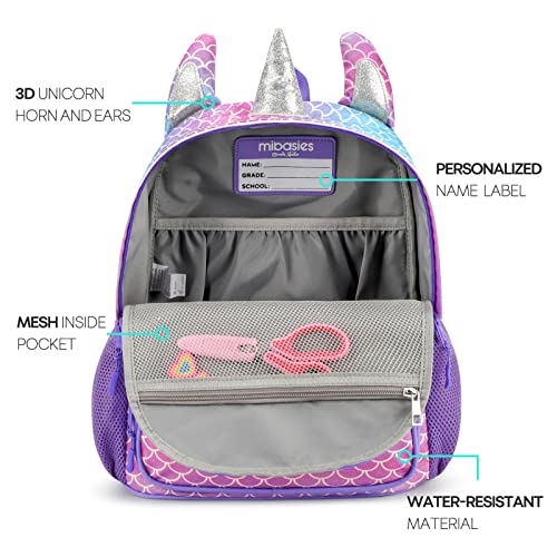 mibasies Kids Unicorn Backpack for Girls Rainbow School Bag with Lunch Box((Mermaid Purple)