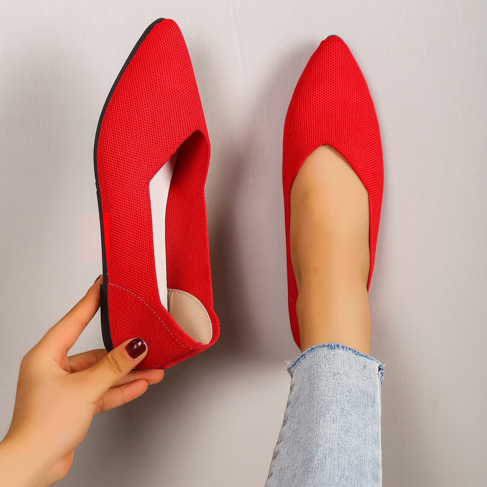 FASDNENDYS Ladies Fashion Solid Color Breathable Mesh Pointed Comfort Flat Casual Shoes Mens Shoes Red