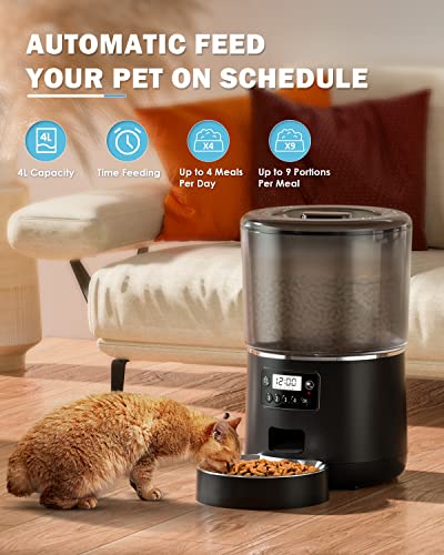 Tomxcute Automatic Cat Feeders, 4L Cat Dry Food Dispenser, Auto Dog Feeder Small Timed Pet Feeder with Stainless Steel Bowl, Push-Type Clog-Free Design, 1-4 Meals Portion Control for Cats and Dogs