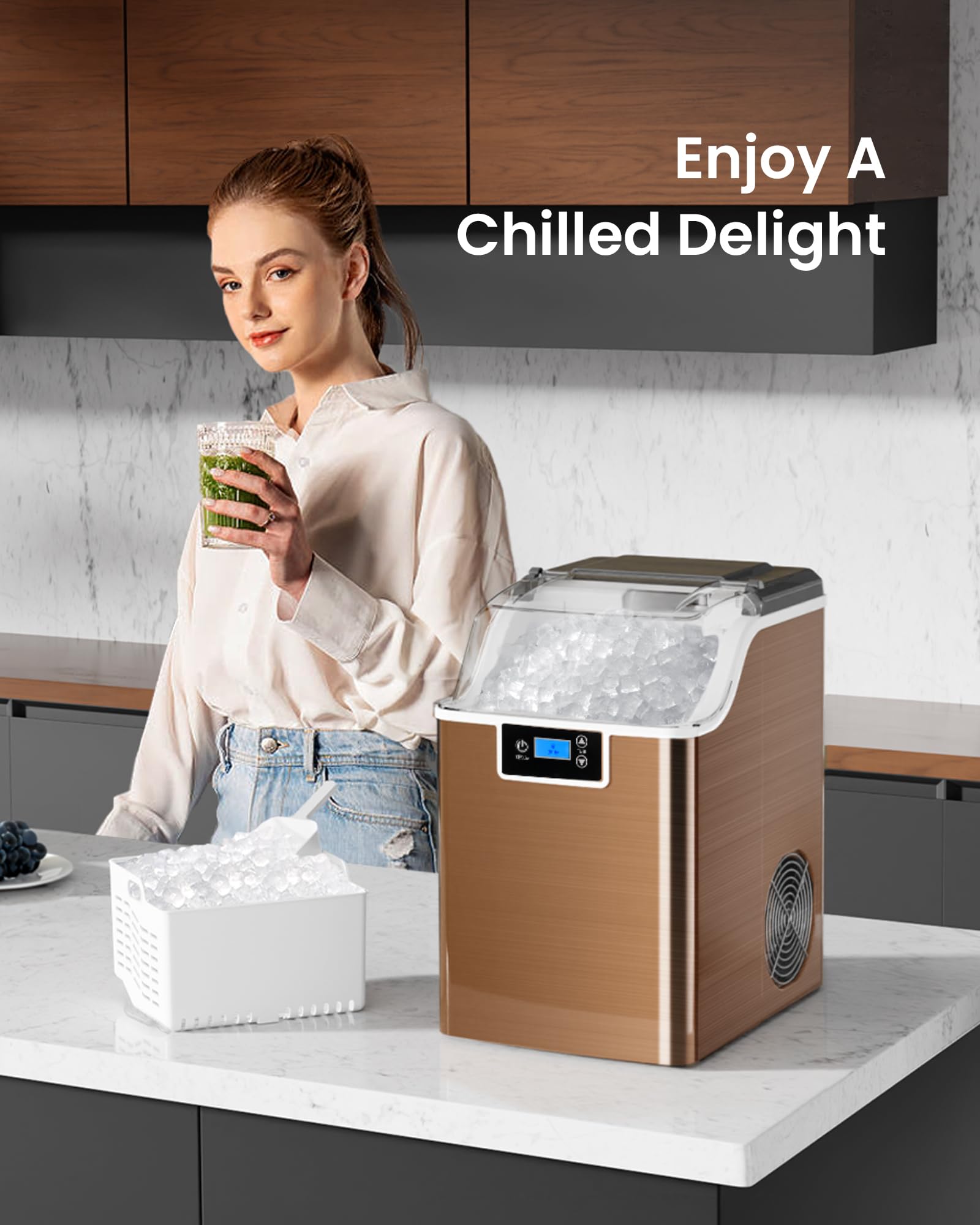 Nugget Ice Maker Countertop, 45lbs/Day Pellet Ice Maker Machine with 24H Timer, Self-Cleaning Pebble Countertop Ice Maker with Crushed Ice for Home Black(Champagne Gold)