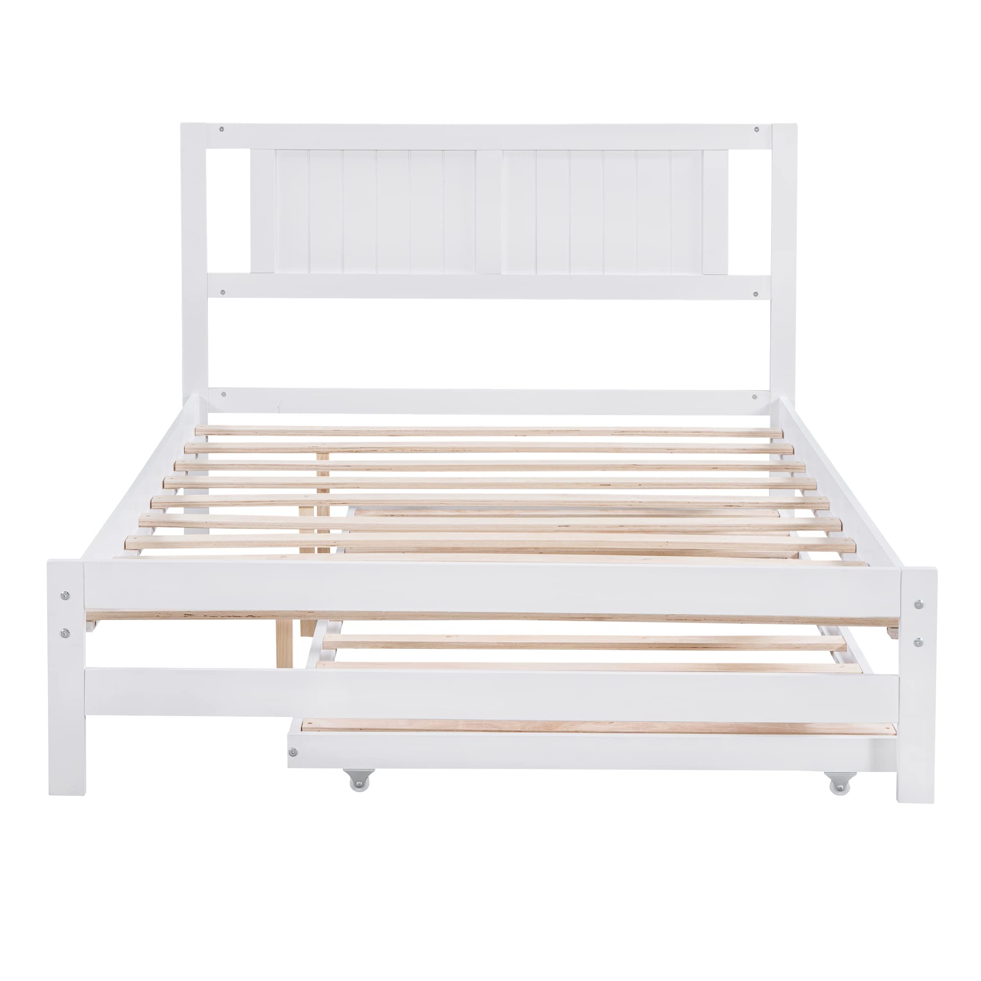 Jintop Full Size Metal Daybed with Twin-Size Trundle and Curved Handle Design,Durable Iron Sofa Bed Frame W/Slats Support,No Box Spring Needed,for Bedroom,Apartment,Guest Room,White