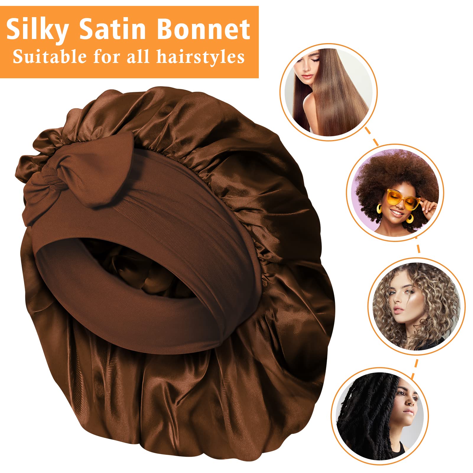 Kenllas Satin Silk Bonnet for Women - Large Sleep Cap with Tie Band for Curly Dreadlock Braid Hair Care (Black1)