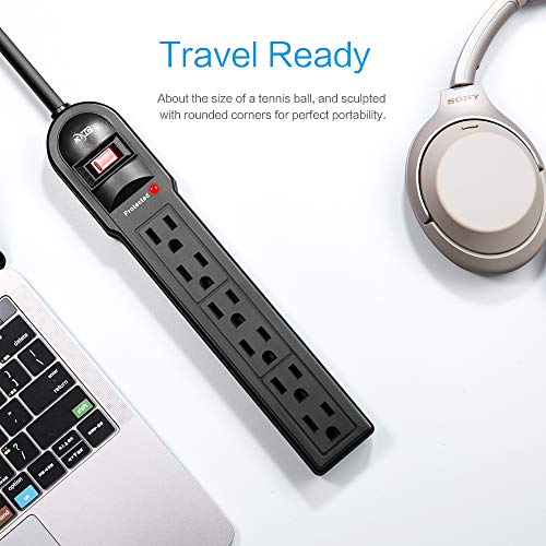 KMC 6-Outlet Surge Protector Power Strip 2-Pack, 900 Joules, 4-Foot Extension Cord, Overload Protection, Black