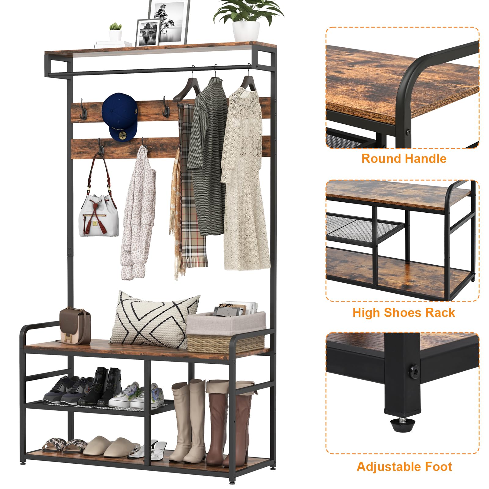 Livofloral Hall Tree Coat Rack with Storage, Entryway Hall Tree with 9 Hooks, Coat and Shoe Rack, Industrial Entryway Furniture with Shoe and Clothes Storage for Mudrooom, Rustic Brown