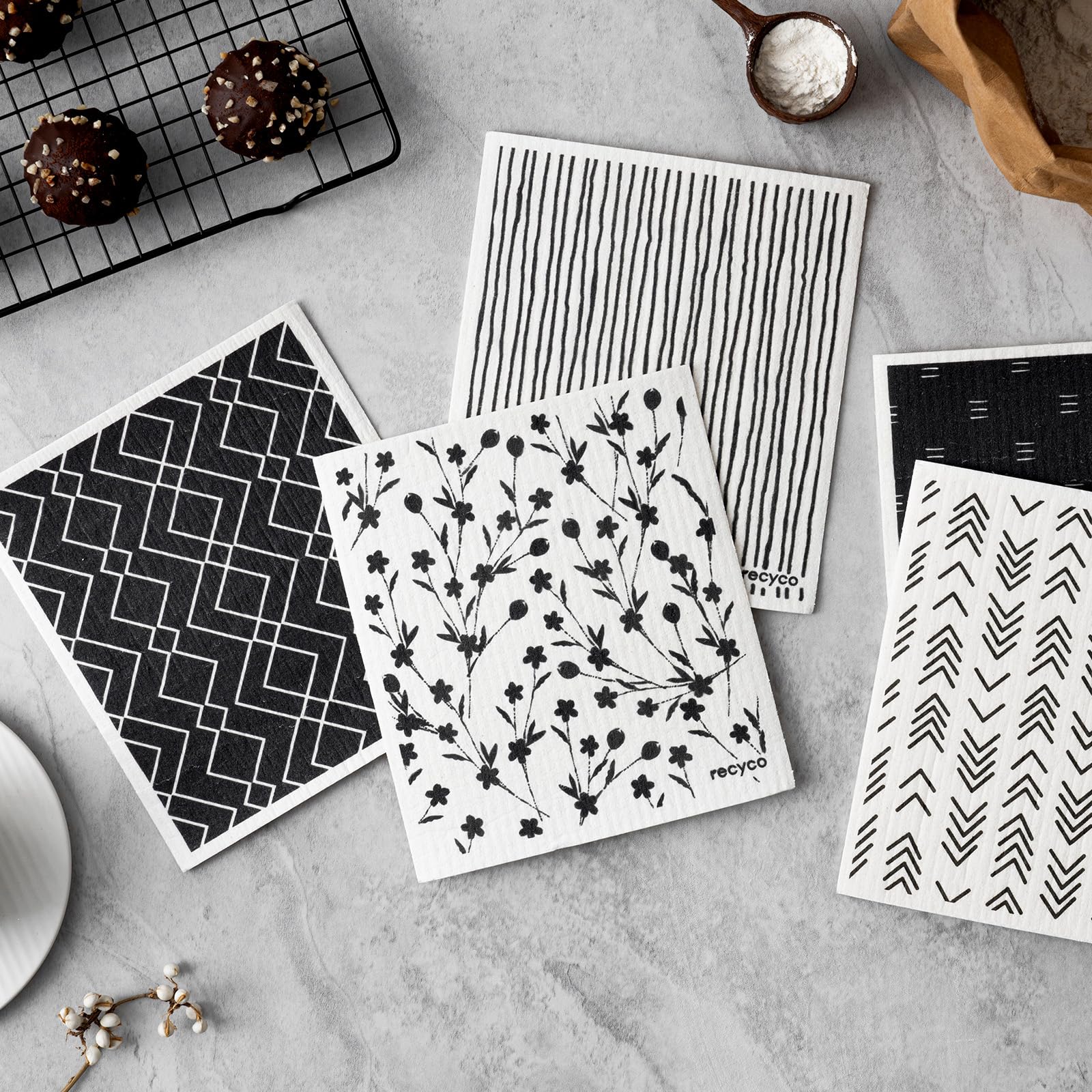 RECYCO Swedish Dishcloths for Kitchen | 5 Packs Geometric Washable Dish Rags | Cellulose Reusable Cleaning Paper Towels | Absorbent Counter Dish Cloth Sponge Kitchen Wipes, 8" L x 7" W