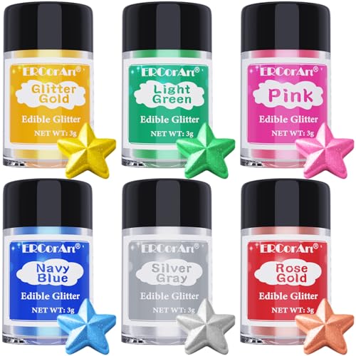 Edible Glitter - 6 Colors Luster Dust Edible with 4 Colors Gel Food Coloring, Food Grade Cake Decorating Shimmering Glitter for Drinks, Powder Glitter for Fondant, Chocolate, Candy, Cookie- 3g, Vegan