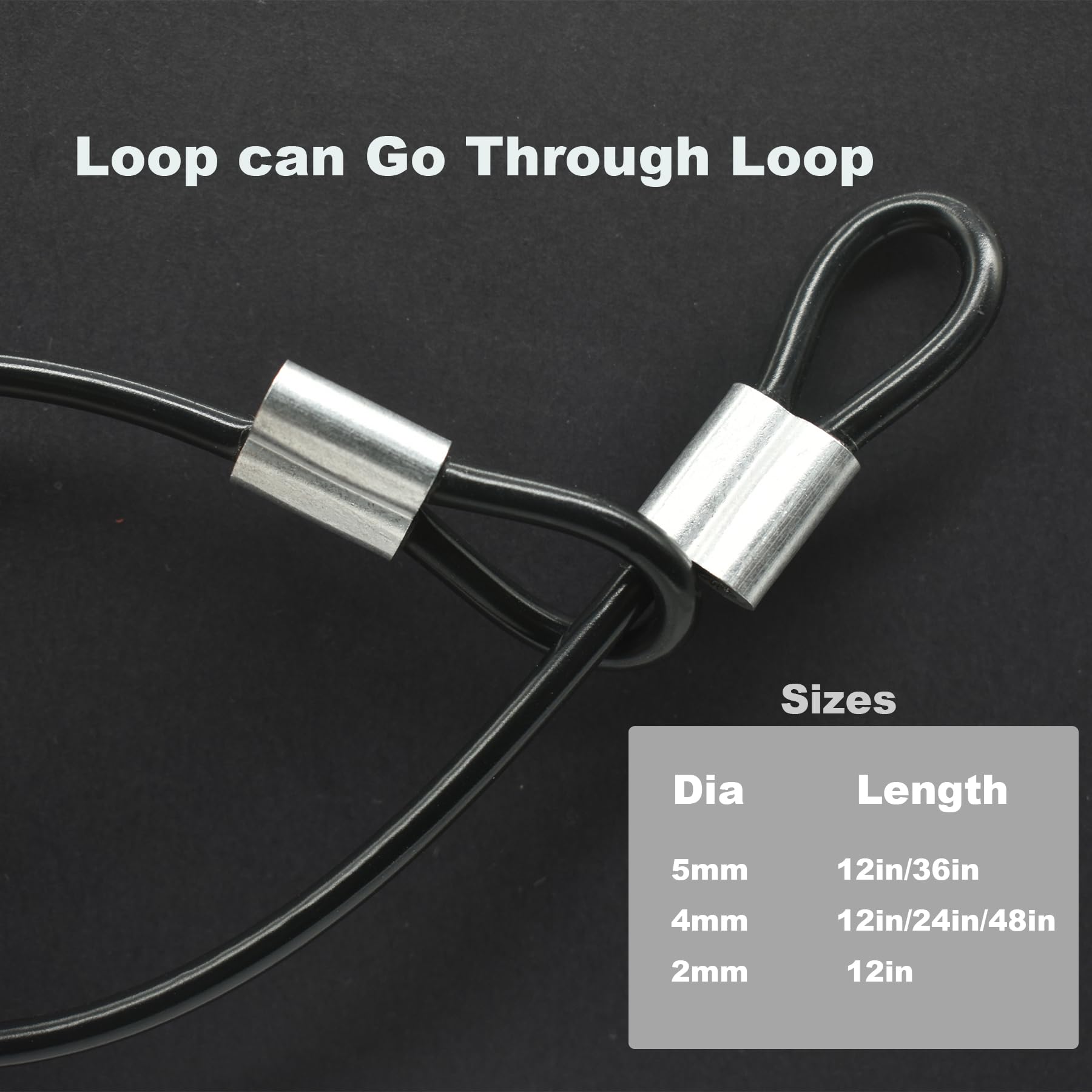 Floyutin 10 pcs 2mm Vinyl Coated Stainless Steel Cable with Loops Short Wire Rope Lanyard Lock Security Chain Link for Outdoor Gates,12 inch 30cm Black