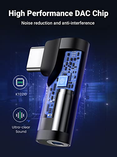 UGREEN USB C to 3.5mm Audio Adapter Type C Aux Headphone Jack DAC Stereo Mic HiFi Right Angle Earphone Dongle Compatible with iPad Pro Air 5 4 Mini 6, Galaxy S23 Ultra S22 S21 S20, Pixel 7 Pro, Black