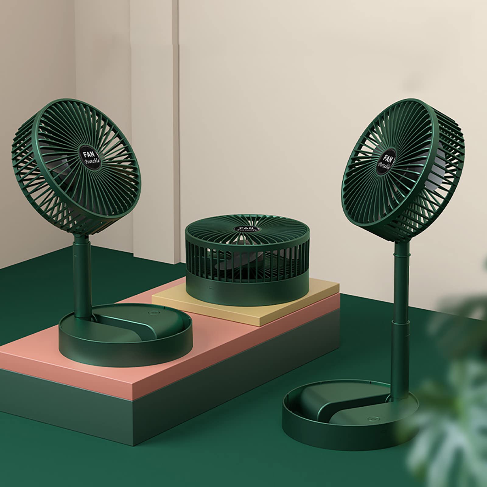 E I F E R Portable Folding Desk Fan with Phone Stand and Mini Storage Box, USB Rechargeable, 3 Speeds, for Desktop or Countertop Use, Green, Summer Essential Tool