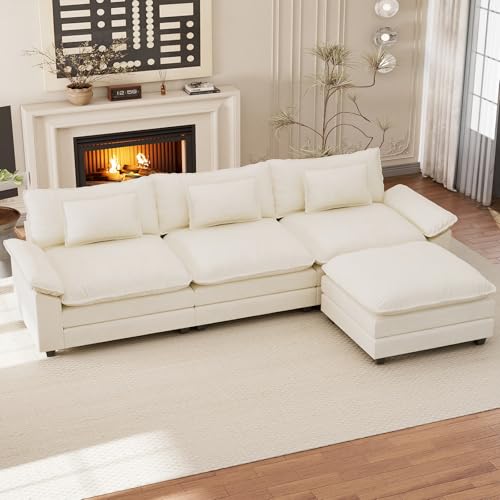 Oprisen Modular Sectional Sofa, Comfy Cloud Couch Sectional Sofa with Ottoman, Chenille Sofa Sleeper Deep Seat Sofa with Throw Pillows for Living Room (Beige, 120"- L Shape)