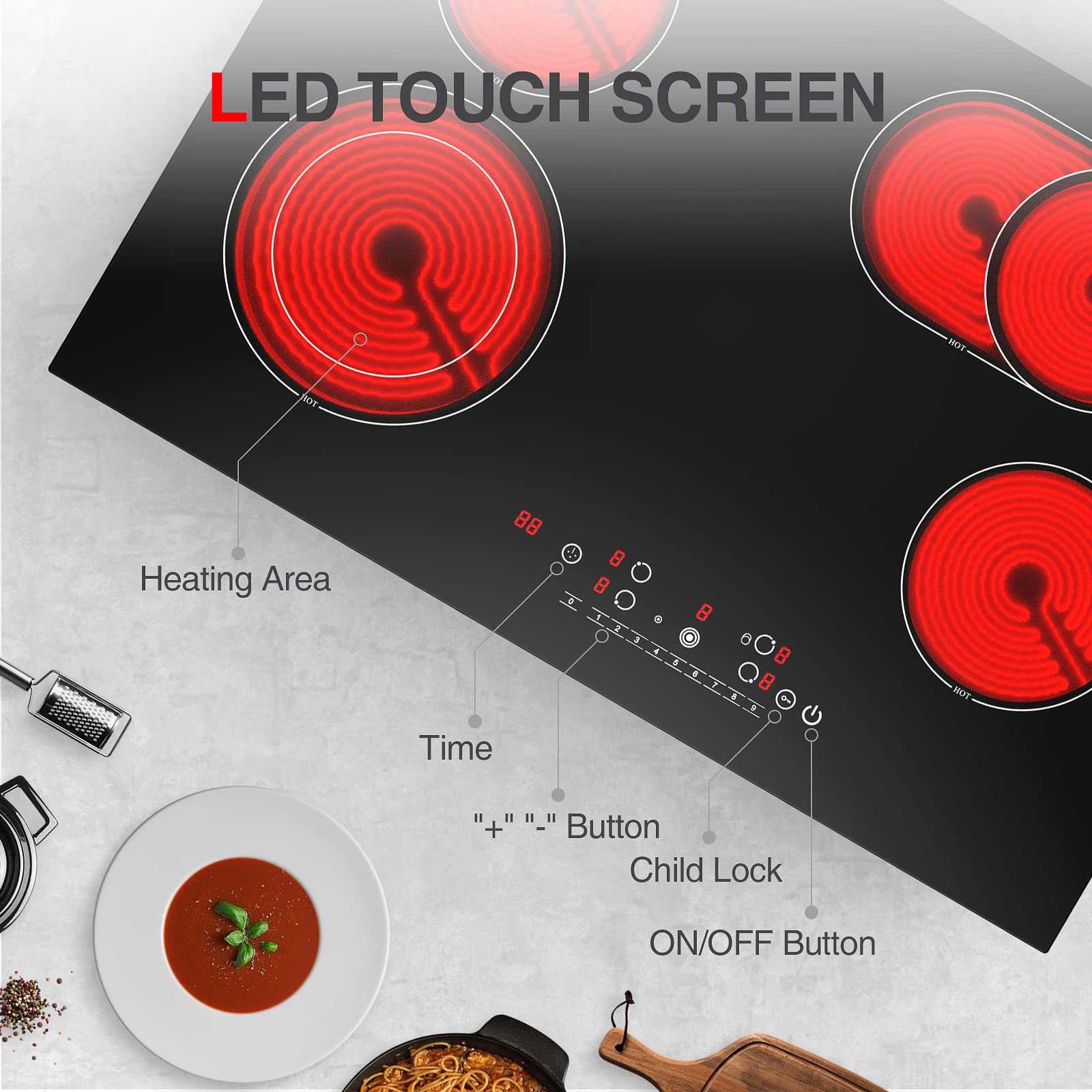 Electric Cooktop 30 Inch, Built-in Radiant Electric Stove 4 Burners, 6800W Ceramic Cooktop, 9 Heating Level Overheat Protection with Touch Screen, Timer & Safety Lock