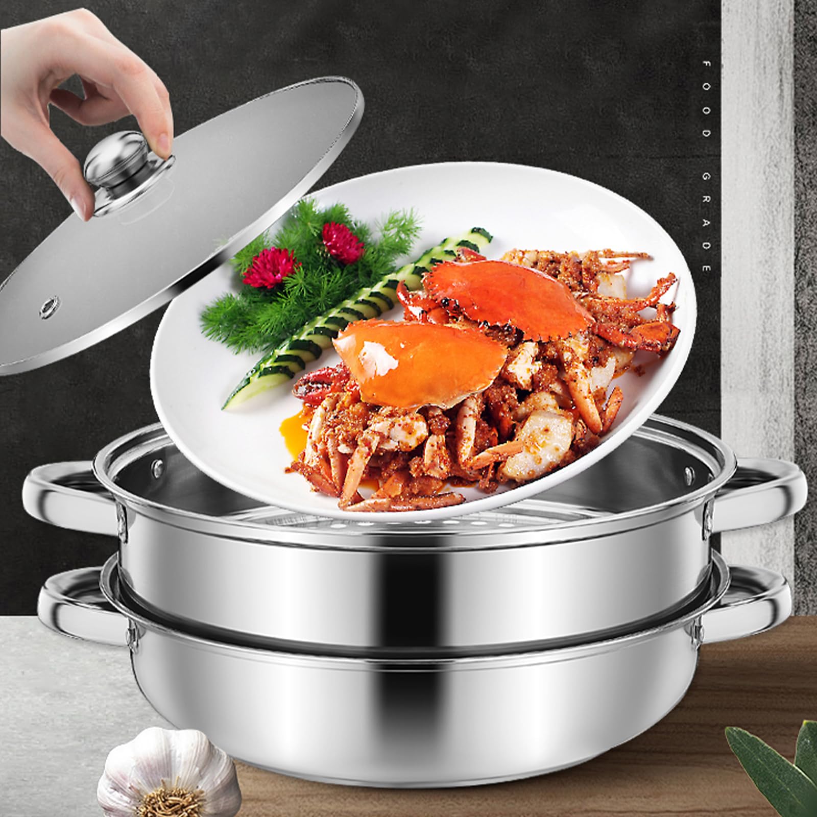 ZENFUN Steamer for Cooking, Steamer Pot with Steamer Insert, 2 Tier Stack and Steam Pot Set with Glass Lid, Stainless Steel Steamer Pot Double Handle, 11 Inch(Thickened)