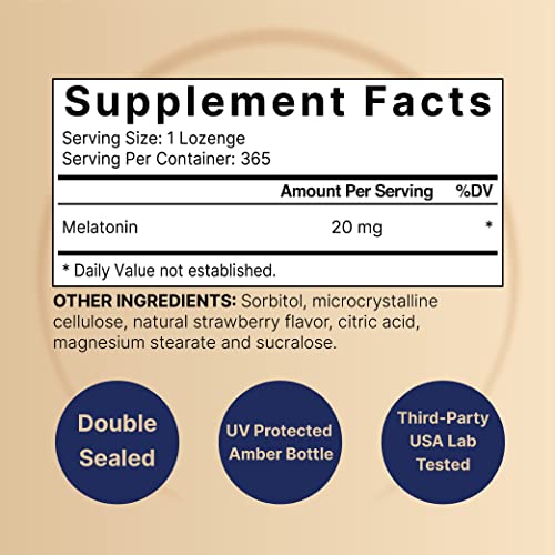 NatureBell Melatonin 20mg, 365 Fast Dissolve Tablets - Natural Strawberry Flavor - Vegetarian Chewable Lozenges for 1 Year Supply, High Potency | Non-GMO, No Gluten