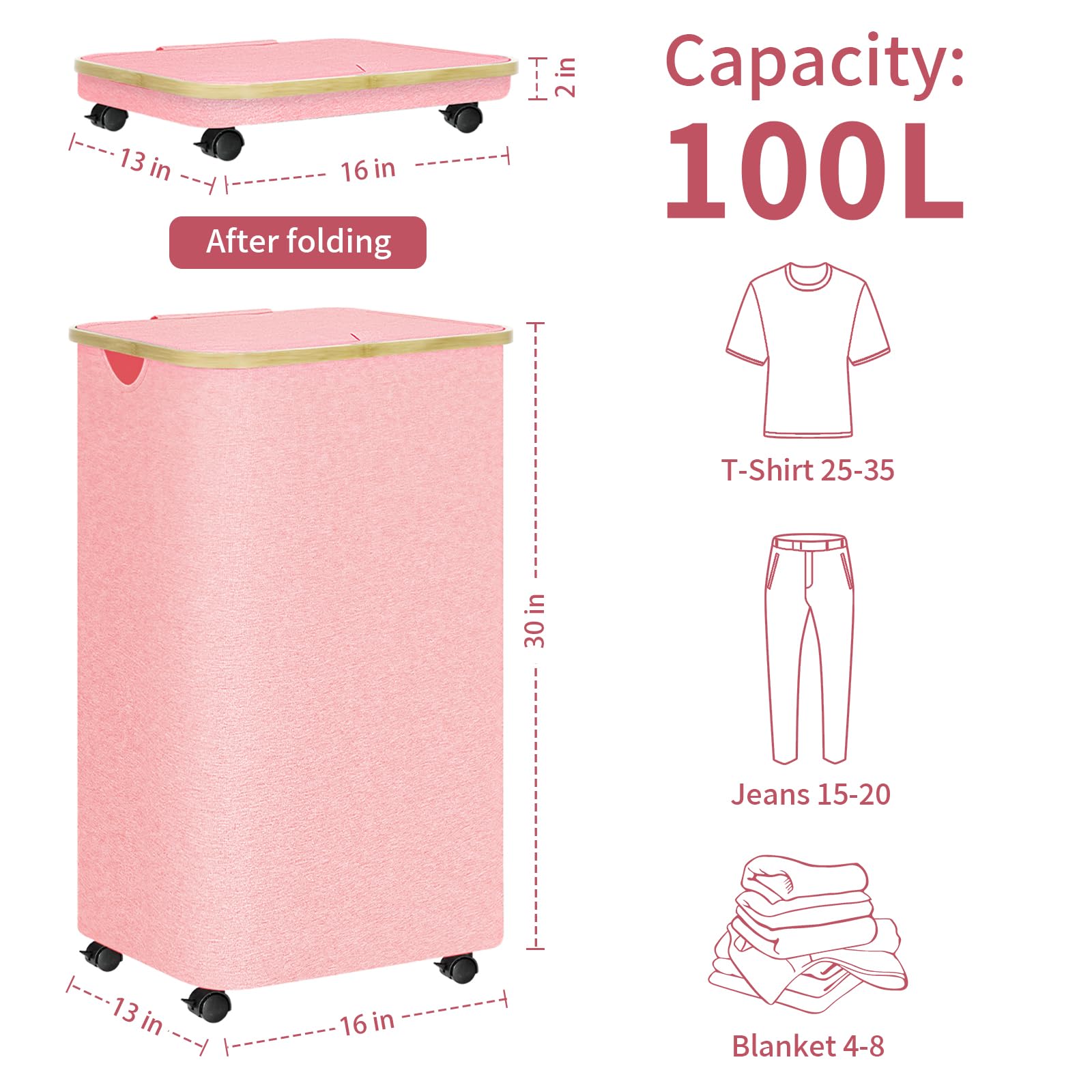 Pink Laundry Hamper with Wheels - 100L Large Laundry Hamper with Lid, Rolling Laundry Hamper on Wheels, Collapsible Laundry Hamper with Removable Mesh Bag and Bamboo Handles for Easy Carrying
