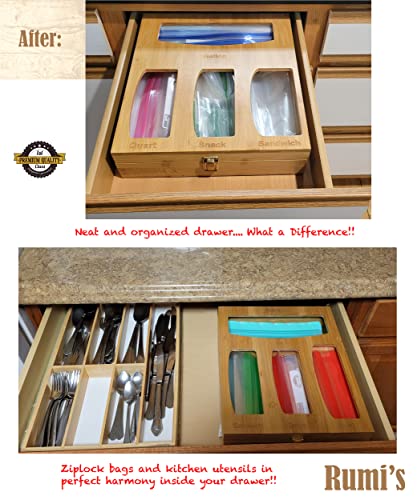 RUMI'S Ziplock Bag Storage Organizer for Drawer Bamboo Gallon, Quart, Sandwich, Great Value, Glad, Hefty Larger & More Practical Size: 13.5'' x 12.0'' x 3.0'' Inches. Golden Yellow 1 1.0 Count