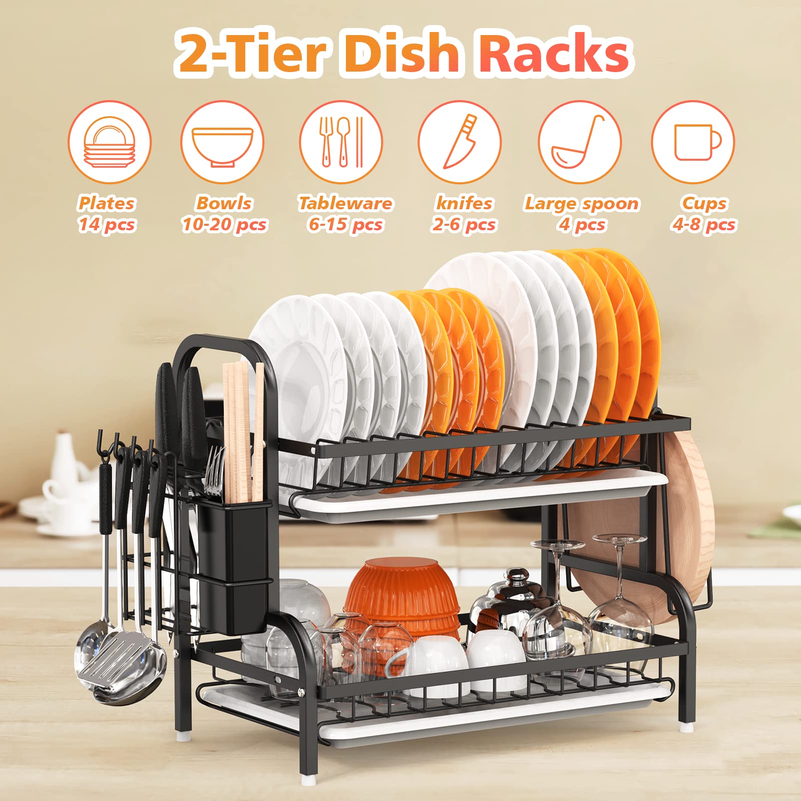 DUCHIFAD Dish Drying Rack, 2-Tier Dish Racks for Kitchen Counter, Sink Dish Drainer with Drainboard, Utensil Holder and Cutting Board Holder, Stainless Steel Kitchen Drying Rack-Black