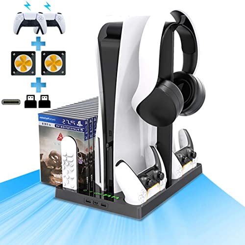 GOTRUTH Vertical Stand for PS5 with 2 Charging Station, 2 Cooling Fan with 15 Game Storage, 1 Pulse 3D Headset Holder, 1 Media Remote Storage