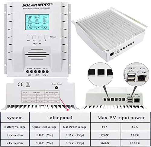 First Solar MPPT Charge Controller 40 amp, 12V 24V Auto 40A Solar Panel Charge Regulator, Max 100V Input with LCD Display for Lead-Acid Sealed Gel AGM Flooded Lithium Battery(MPPT 40A)