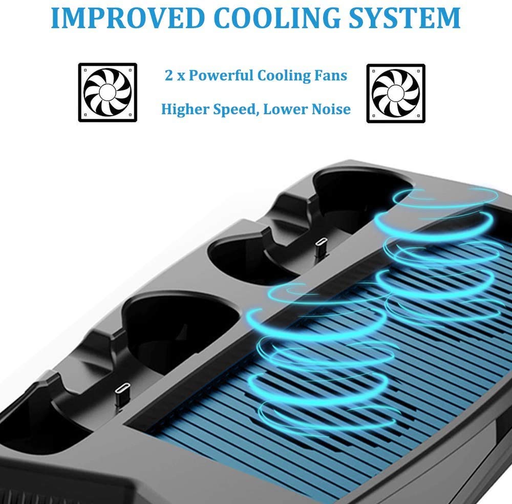 for PS5 DE/UHD Vertical Stand,Including 2 DualSense Controller Charging Dock and Stand with Cooling Fan Compatible for Playstation5 ,3 USB. Charging Station Dock with Dual Controller Charger Ports.