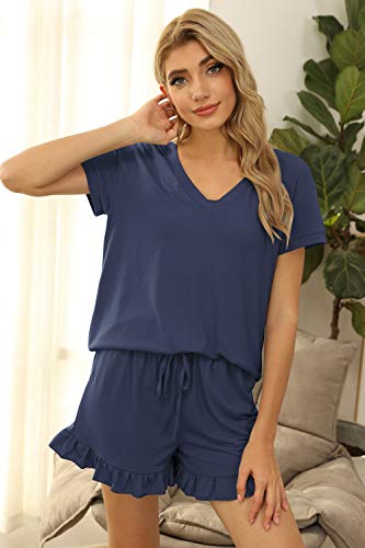 RUNBULE Women's Summer Pajamas Set Ruffle Shorts Sleepwear Loungewear Two Piece PJ Sets(Navy Blue XXL)