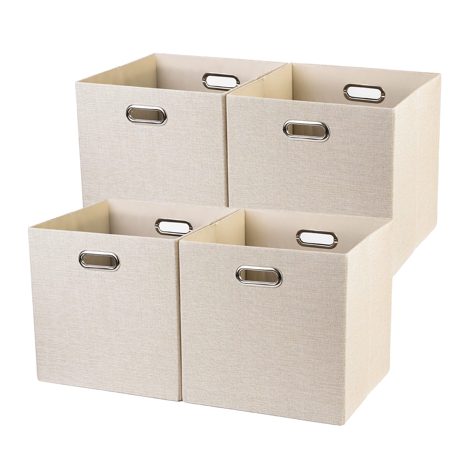 Jermichoc 13x13x13 Inch Cube Storage Bins, 4 Pack Foldable Linen Fabric Organizer Basket with Metal Handle for Clothes Toys Organizing (Beige)