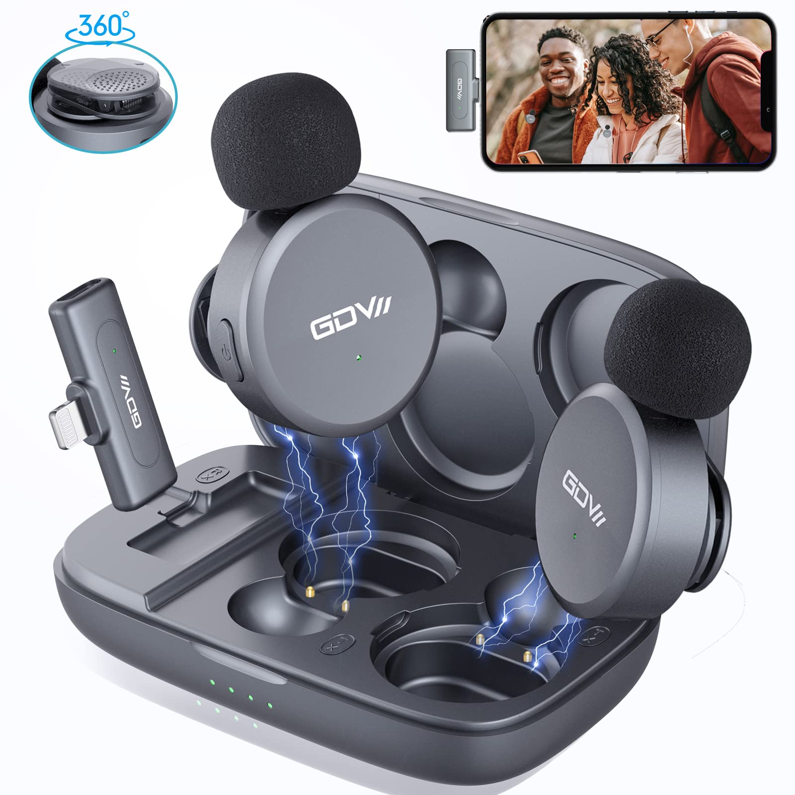 GDV Wireless Lavalier Microphone for iPhone iPad,2Mics kit with Charging Case,2.4GHz Noise Reduction,Auto-Sync Lapel Mic Plug & Play for YouTube,Facebook,Live Stream,Recording,Tiktok