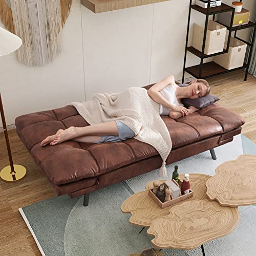 Opoiar Futon Memory Foam Couch Bed with Mattress and Frame Included,Comfortable Faxu Loveseat Sleeper Sofa for Dorm Apartment Office College Small Space Bedroom RV Living Room, Brown Leather