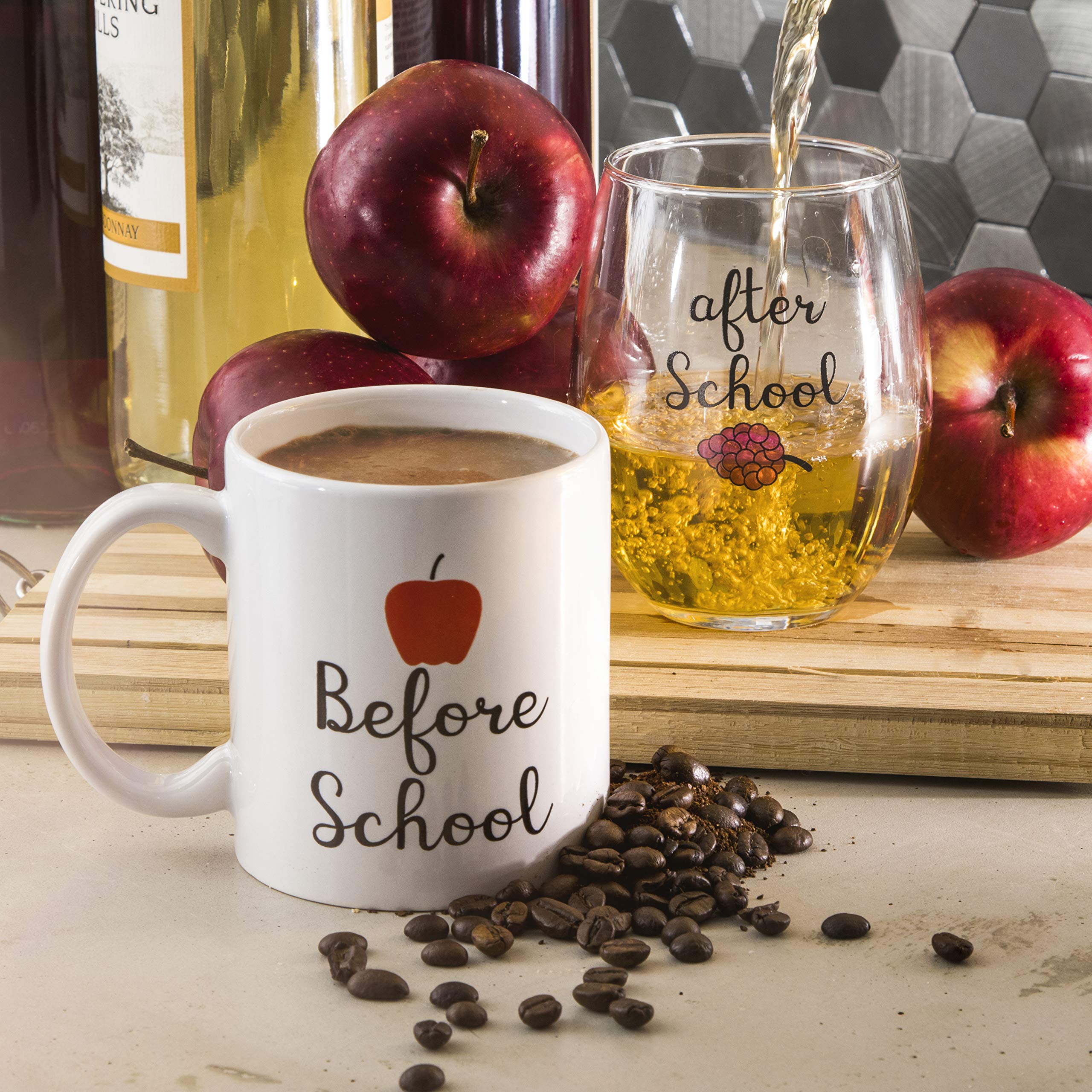 Funny Mugs, LOL Before School, After School Coffee Mug and Stemless Wine Glass Set - Gift for Teachers and Professors - 11 oz Coffee mug - 15 oz wine glass