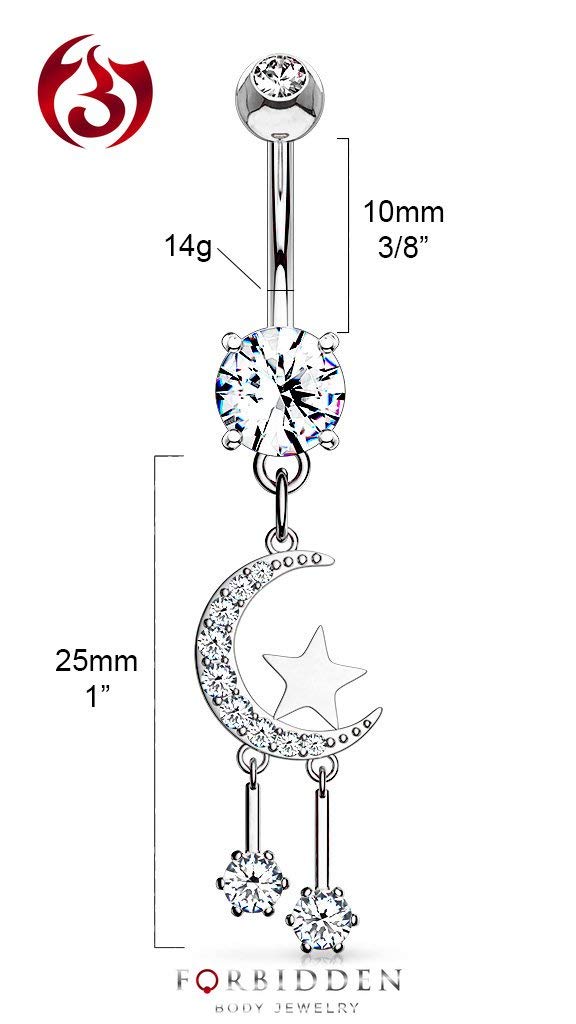 Forbidden Body Jewelry dangly belly button piercing, belly button rings moon and sun, dangly belly button jewelry, CZ Cresent moon and star cute belly button piercings. Silver Tone
