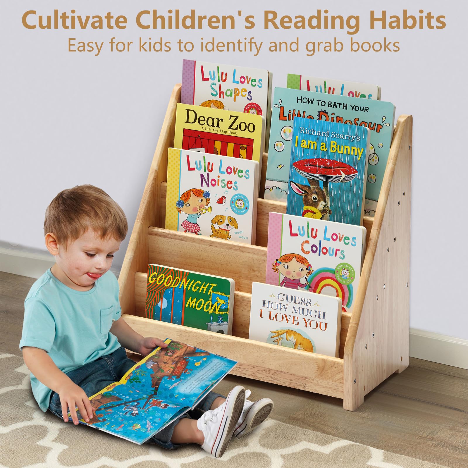 Nuoex Montessori Bookshelf for Toddler 1-5 Years, Kids Wooden 5-Tier Front Facing Book Display Shelf with Chalkboard for Bedroom,Playroom,Classroom,Book Rack Organizer, Natural