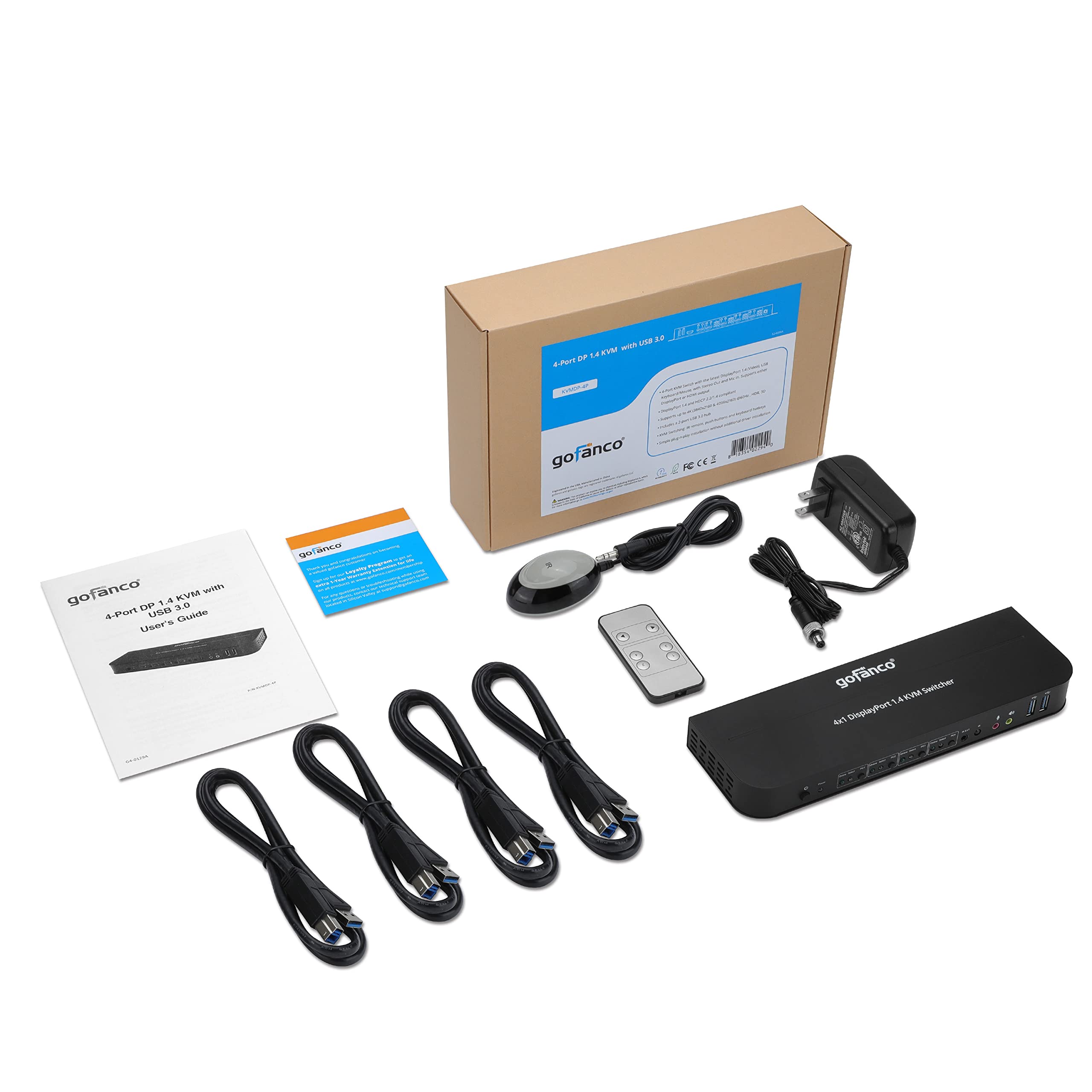gofanco 4 Port 4K 60HZ DisplayPort KVM Switch with USB 3.0 β DisplayPort 1.4, 4K @60Hz 4:4:4, HDR, HDCP 2.2/1.4, USB Keyboard/Mouse, USB 3.0 Hub, MIC in, Stereo Out, IR Remote, Hotkeys (KVMDP-4P)