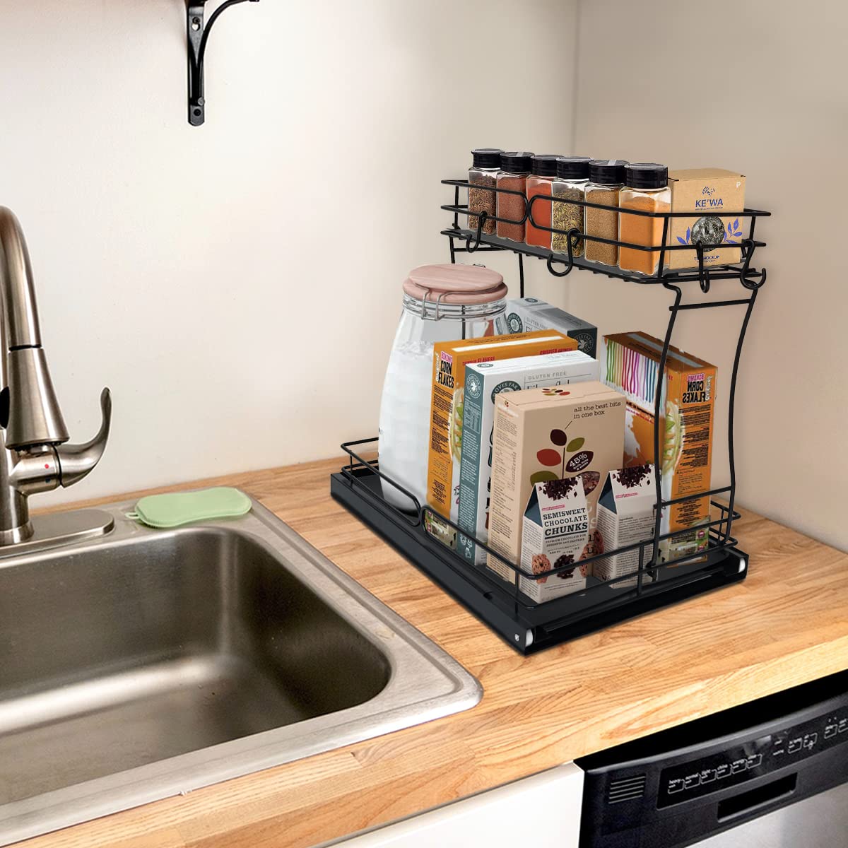 eHooyau Pull Out Cabinet Organizer 2 Tier Under Sink Slide Out Kitchen Cabinet Storage Shelf Metal Sliding Storage Basket Drawer for Kitchen Bathroom Pantry Cabinet,Least 13.6 Inch Cabinet Opening