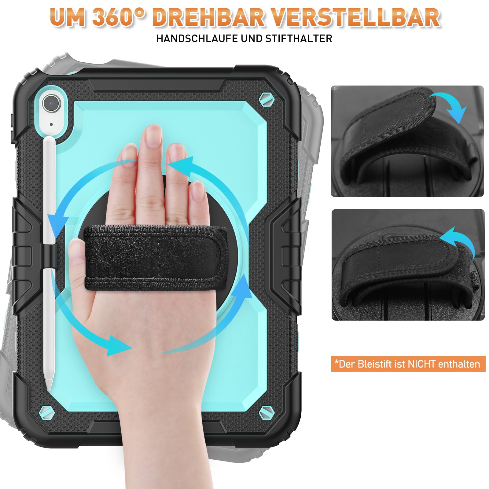 KEYCAUP Case for iPad 10th Generation 10.9 inch, Case for iPad 10 Gen: with Strong Protection, Screen Protector, Hand Strap, Shoulder Strap, 360° Rotating Stand, Pencil Holder - Black