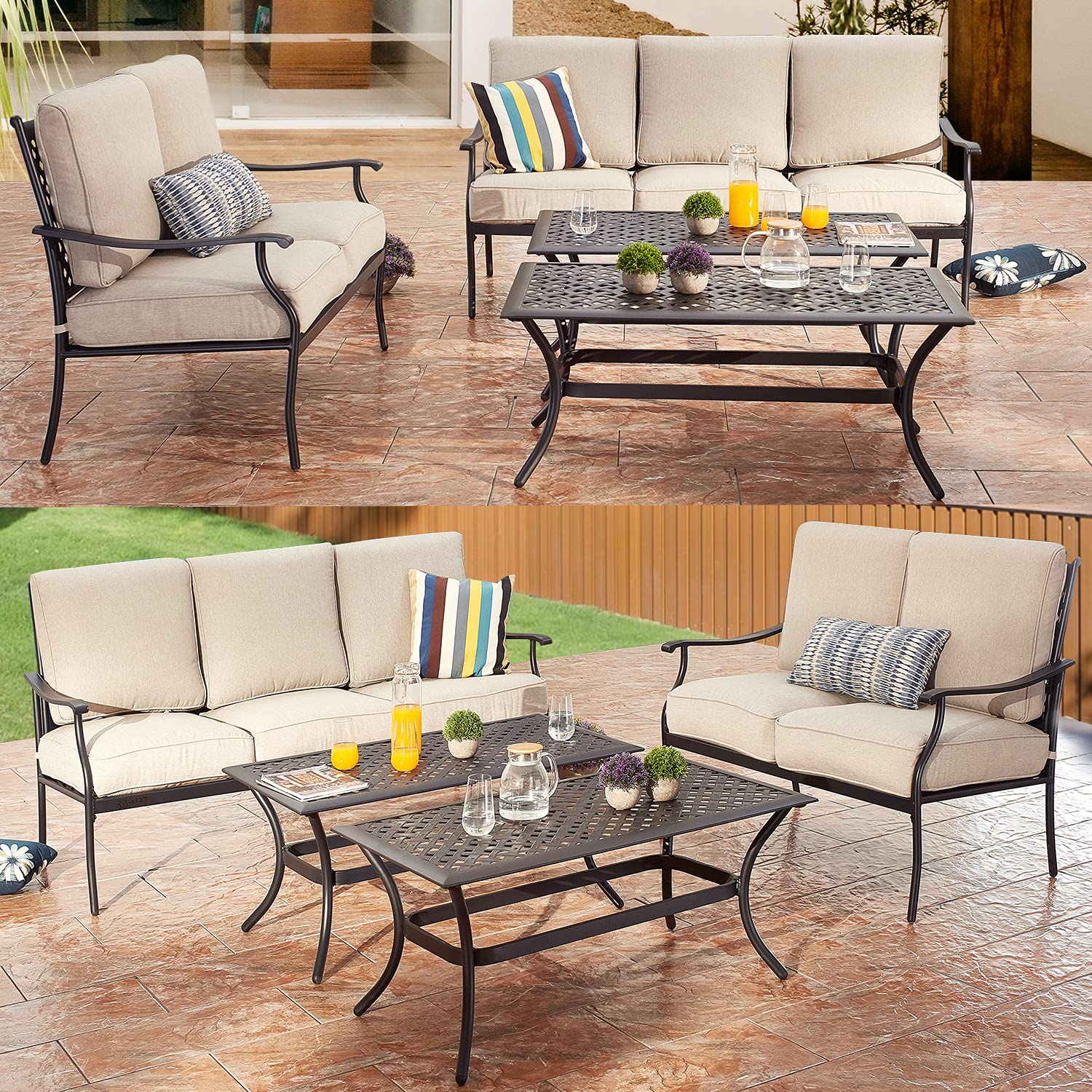 PatioFestival Patio Conversation Set 6 Pieces Metal Outdoor Furniture Seating Sets with Beige Thick Cushions, Rocking Chairs & Coffee Table & Loveseat