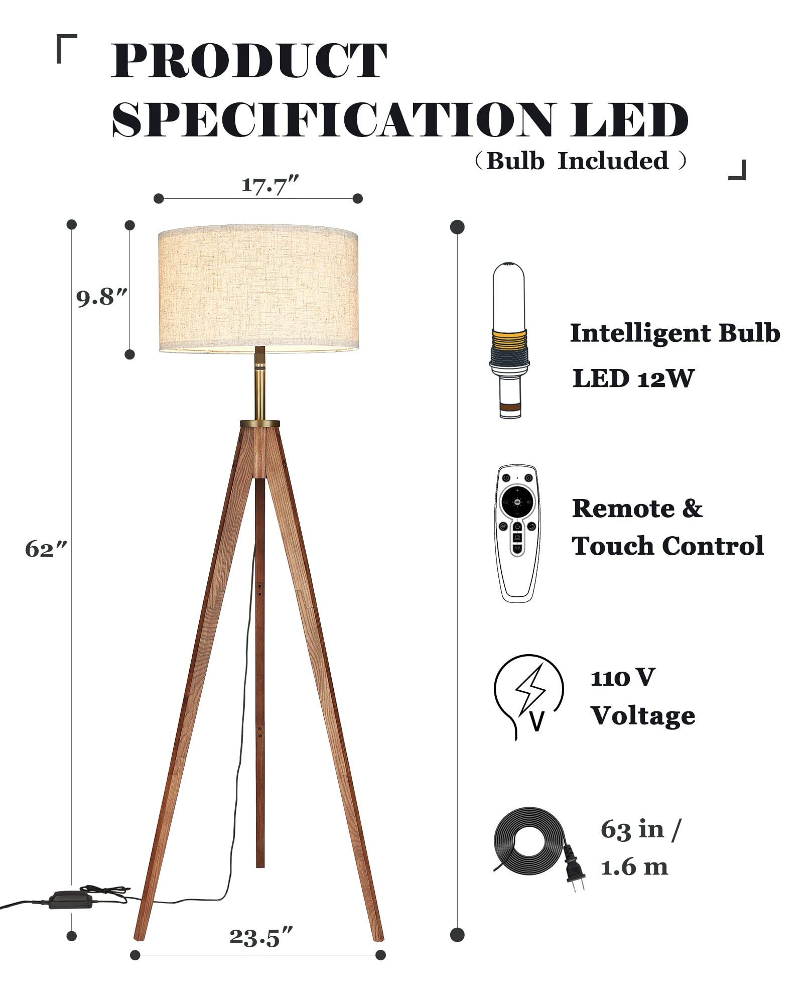 ELYONA Tripod Floor Lamp with Remote for Bedroom, Solid Ash Wood, Stepless Dimmer & Color Temperature LED Bulb Included, Mid Century Modern Touch Control Standing Light for Living Room, Brown