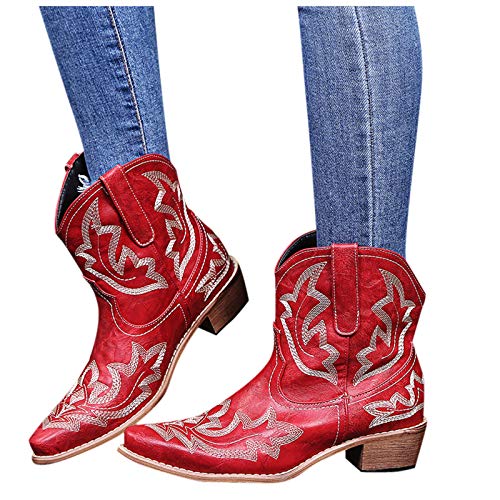 FASDNENDYS Pointed Toe Heels Booties Slip-On Women Short Shoes Embroidery Retro Women's Boots Heel Spur Brace Wine