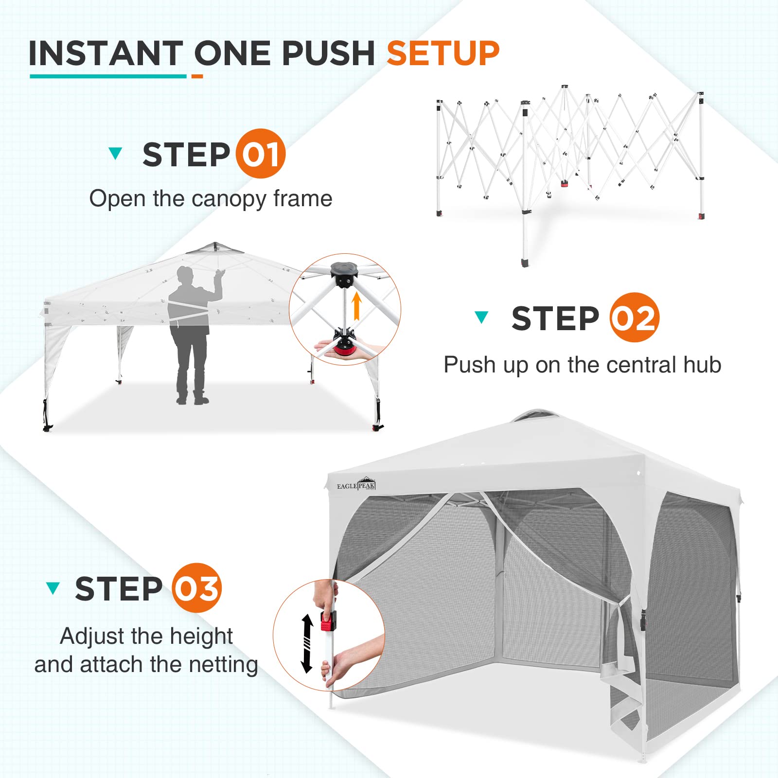 EAGLE PEAK 10' x 10' Outdoor Pop Up Canopy Tent, Pop Up Screenhouse, Portable Sun Shelter with Mosquito Netting, Vented Top and Wheeled Carrying Bag, White