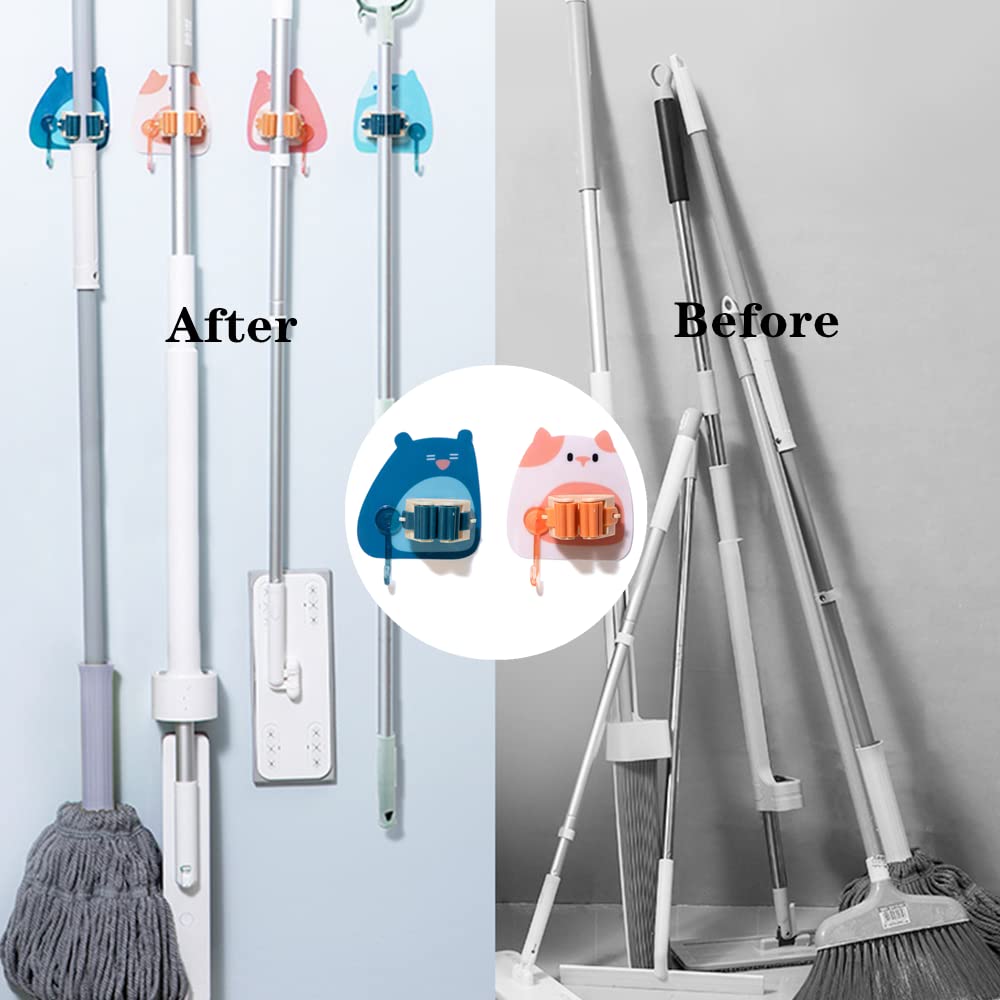 Zhouocea 2 PCS Mop Broom Holder Cute Mop Holder No Drill Broom Holder Self Adhesive Broom Hanger Broom Storage Broom Gripper For Bathroom, Kitchen, Garden, Garage