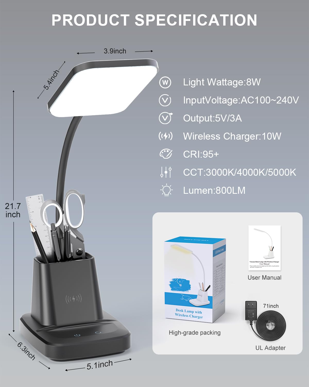 GOLSPARK Desk Lamp with Wireless Charger, LED Desk Lamp for Home Office 3 Color Modes CRI90+ Eye-Caring Reading Light with Pen Holder, Dimmable Gooseneck Touch Control Table Lamp for College Dorm Room