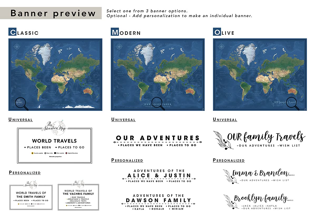 Modern World Satellite Wall Map with Push Pins | Push Pin Travel Map on Canvas | Personalized World Map with Pins | 24" x 32" up to 40" x 53"